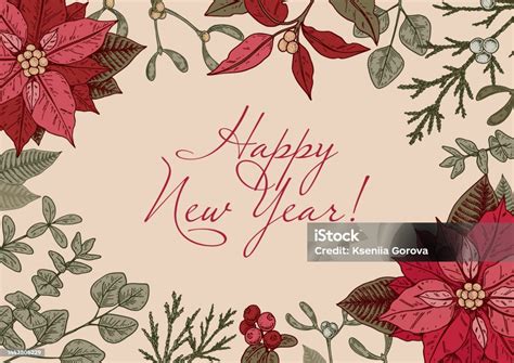 메리 크리스마스와 새해 복 많이 받으세요 손으로 그린 포인세티아 꽃과 겨우살이 브런치가 있는 가로 인사말 카드 축제 화려한 배경입니다 스케치 스타일의 벡터 그림 드로잉에