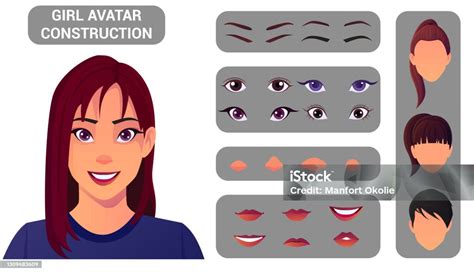 아바타 창조를위한 여자 얼굴 건설 팩 여성 아바타는 머리와 머리 스타일 눈 코 입 눈썹으로 구축합니다 프리미엄 벡터 세트 눈 신체 부분에 대한 스톡 벡터 아트 및 기타