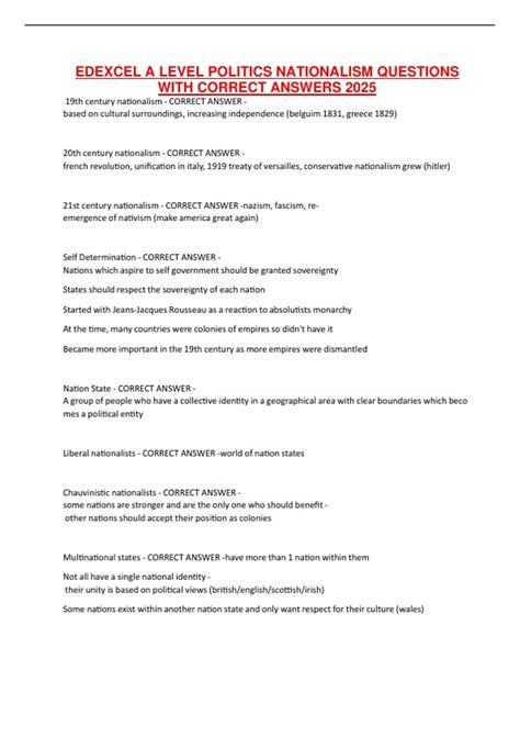 Edexcel A Level Politics Nationalism Questions With Correct Answers