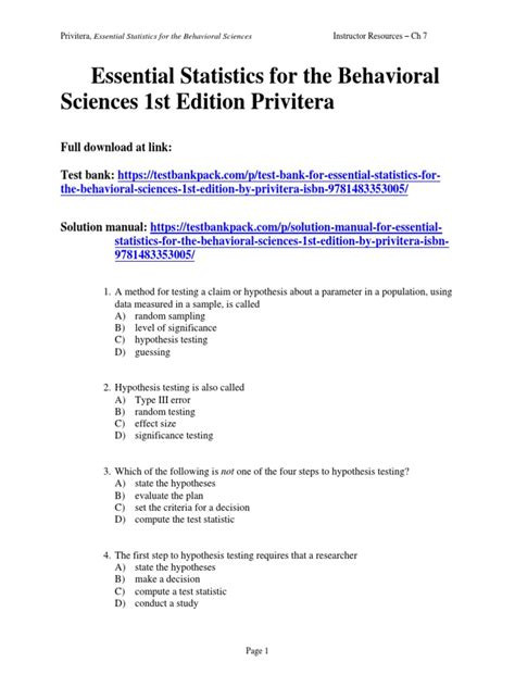 Essential Statistics For The Behavioral Sciences 1st Edition Privitera Test Bank Download Pdf