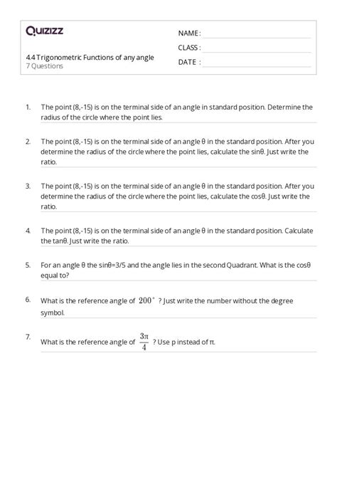 Printable Trigonometric Functions Worksheets Quizizz