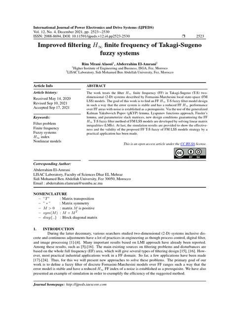 Improved Filtering H Finite Frequency Of Takagi Sugeno Fuzzy Systems Pdf Matrix Mathematics