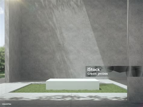 잔디가있는 콘크리트 방에서 제품 쇼를위한 흰색 받침대 3d 렌더링 0명에 대한 스톡 사진 및 기타 이미지 0명 3차원 형태 Gallery Opening Istock
