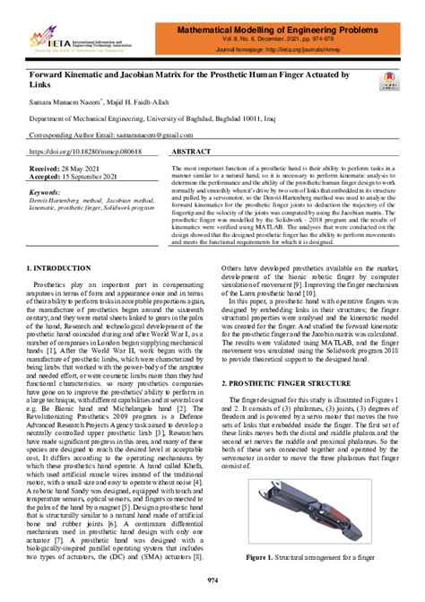 Pdf Forward Kinematic And Jacobian Matrix For The Prosthetic Human Finger Actuated By Links