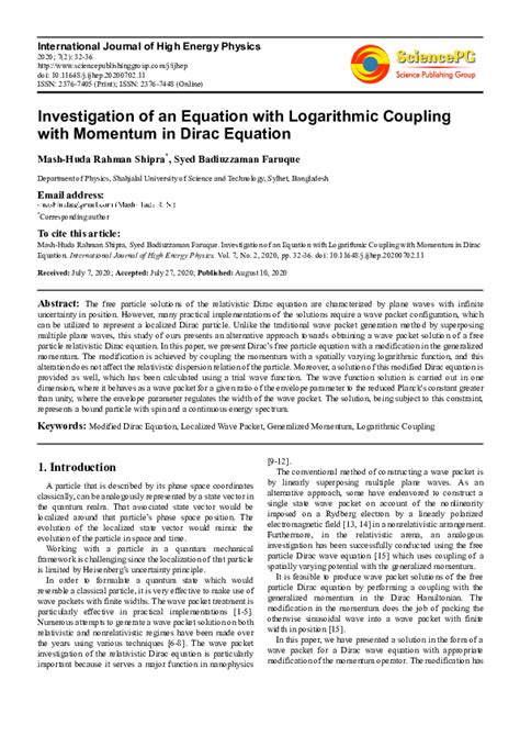 Pdf Investigation Of An Equation With Logarithmic Coupling With Momentum In Dirac Equation