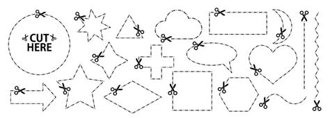 절단선이 있는 가위 세트 말풍선 직사각형 별 기하학적 모양 와 점선 획 가위 다른 선으로 종이를 자르는 벡터 모음입니다 용지 절단 아이콘 0명에 대한 스톡 벡터 아트 및