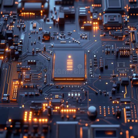 Futuristic Microchip Circuit Board With Glowing Pathways And Components Stock Image Image Of
