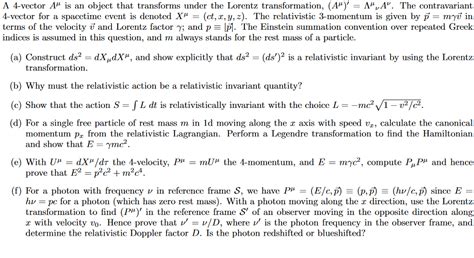 Solved A 4 Vector Aμ Is An Object That Transforms Under The