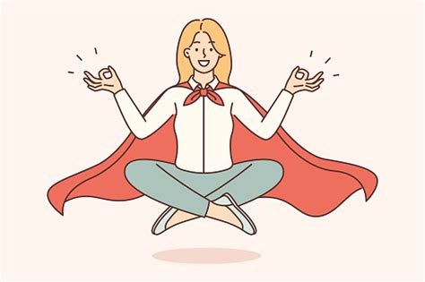 슈퍼히어로 망토를 입은 여성 회사원이 명상을 하고 조화와 균형을 위해 요가를 한다 비즈니스에 대한 스톡 벡터 아트 및 기타 이미지 비즈니스 여자 요가 Istock