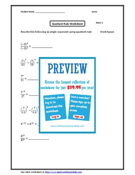 Quotient Rule Worksheet Worksheet For 8th 9th Grade Lesson Planet
