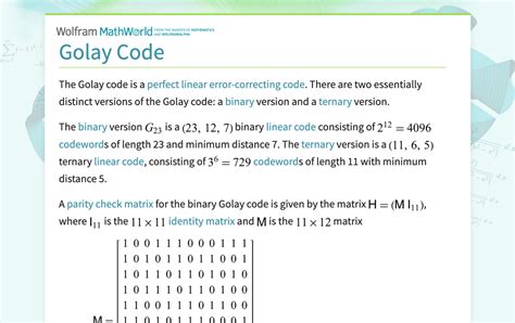 golay code from wolfram mathworld