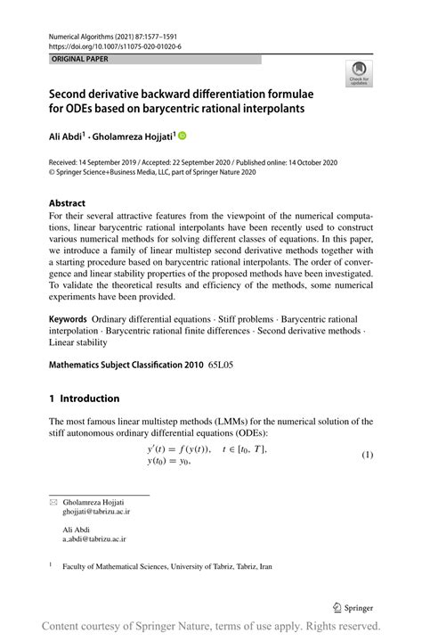 Second Derivative Backward Differentiation Formulae For Odes Based On