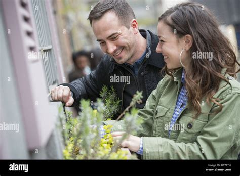 A Man And A Woman Tending A Window Box On A City Street Spring Flowers Stock Photo Alamy