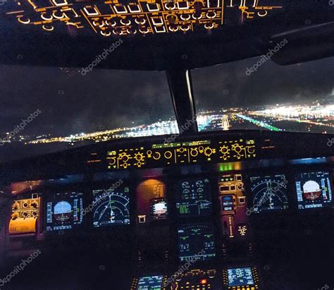 Cockpit Landing Cockpit View Of Commercial Jet Airplane Landing On