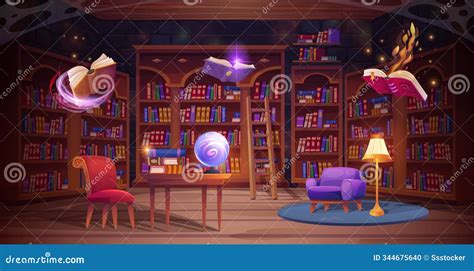 Magic Library Wizards School Cartoon Interior Bookstore Bookcase With