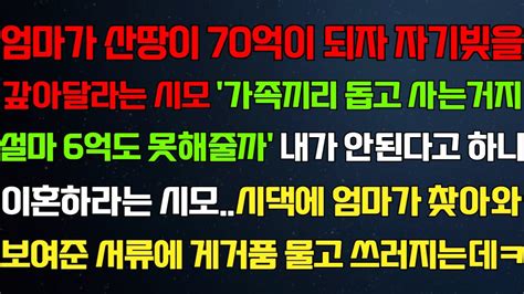반전 신청사연 엄마의 땅이 70억 되자 6억을 그냥 달라는 시모 시댁에 엄마가 찾아와 서류 건네자 놀라서 쓰러지는데라디오드라마사연실화사연의 품격썰 Youtube