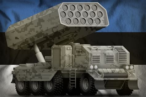 로켓 포병 에스토니아 국기 배경에 회색 픽셀 위장 미사일 발사대 3 차원 일러스트 레이 션 교통수단에 대한 스톡 사진 및 기타 이미지 Istock