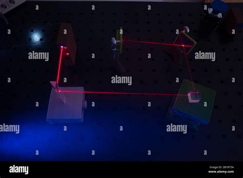 Experiment In Optic Lab With Laser Device Red Laser On Optical Table In Physics Laboratory