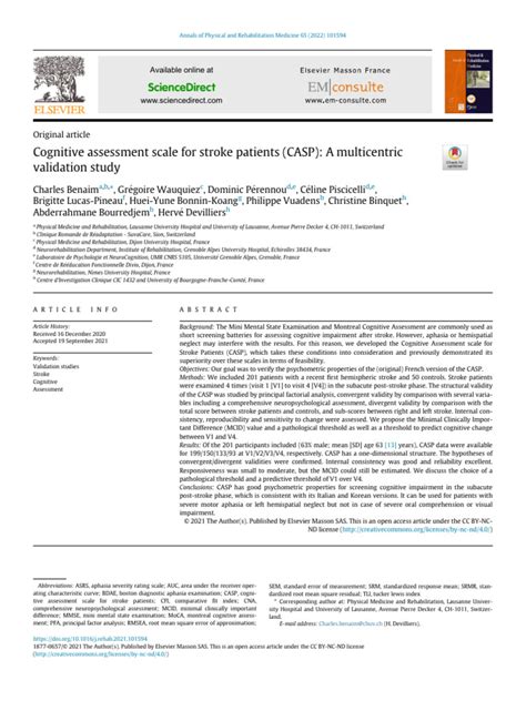 2022 Benaim Cognitive Assessment Scale For Stroke Patients Casp A Multicentric