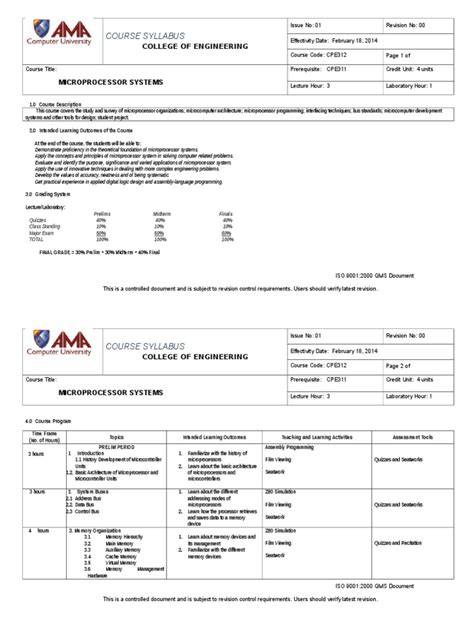 Course Syllabus Microprocessor Pdf Microcontroller Inputoutput