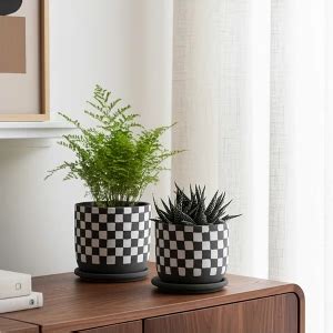 Round Stoneware Checker Pattern Saucer Planters For Garden Decor