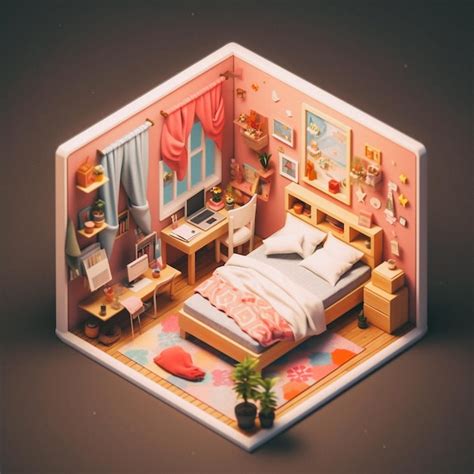 Premium Ai Image 3d Cute Isometric Bedroom