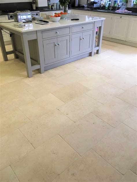 Large Limestone Tiled Kitchen Floor Cleaned And Sealing In Shepperton