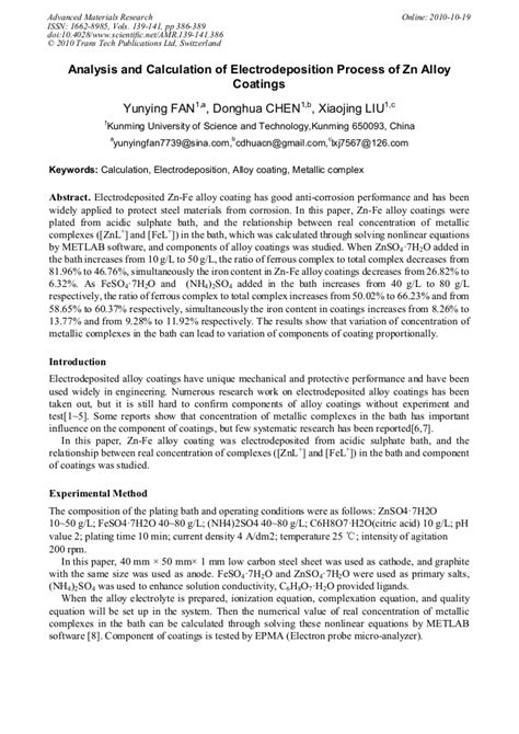 Analysis And Calculation Of Electrodeposition Process Of Zn Alloy Coatings Scientific Net