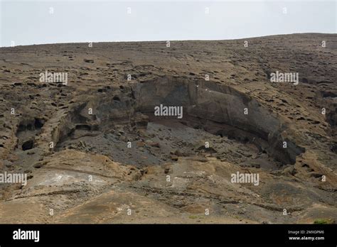 Traces Of Lava Extraction On The Slopes Of A Volcano In Lanzarote Stock