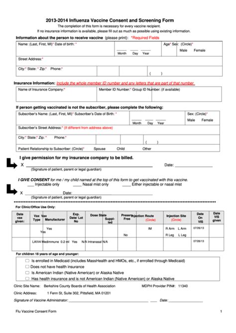 Influenza Vaccine Consent And Screening Form 2013 2014 Printable Pdf