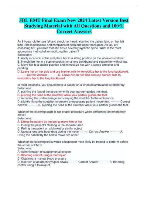 JBL EMT Final Exam New 2024 Latest Version Best Studying Material With All Questions And 100