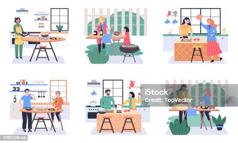 채식 음식을 요리하는 사람들 벡터 일러스트 레이 션입니다 신선한 야채로 만든 건강한 식사 가정 생활에 대한 스톡 벡터 아트 및 기타 이미지 Istock