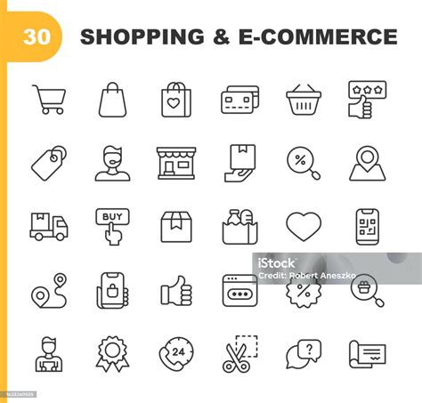 쇼핑 및 전자 상거래 라인 아이콘 편집 가능한 스트로크 픽셀 완벽한 모바일 및 웹용 가방 신용 카드 고객 지원 배달 식료품 돈 온라인 쇼핑 패키지 지불 가격 판매 장바구니