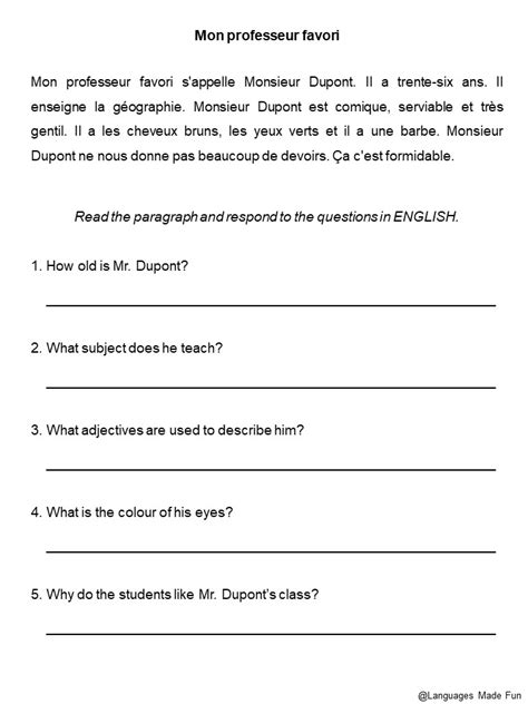 French Reading Comprehension Worksheets Made By Teachers