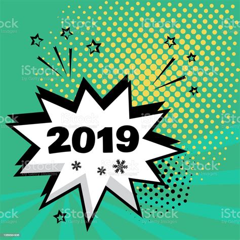 녹색 배경에 2019 단어로 화이트 만화 거품이 있다 팝 아트 스타일에서 만화 음향 효과입니다 벡터 일러스트입니다 1월에 대한 스톡 벡터 아트 및 기타 이미지 Istock