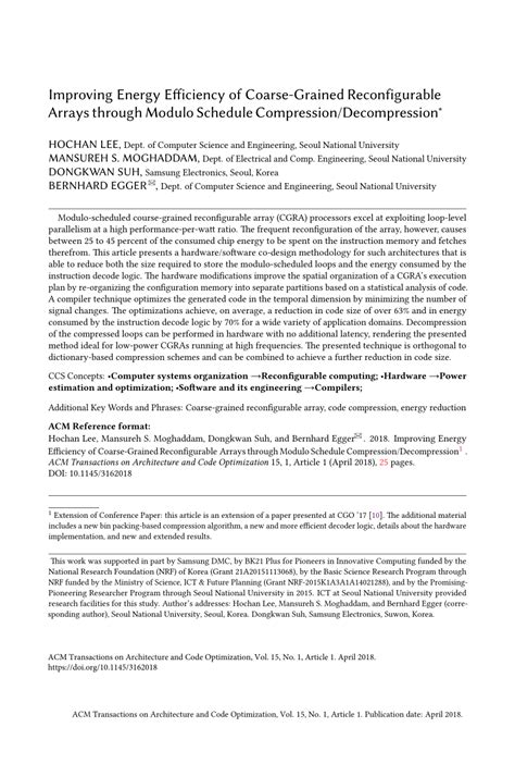 Pdf Improving Energy Efficiency Of Coarse Grain Reconfigurable Arrays Through Modulo Schedule