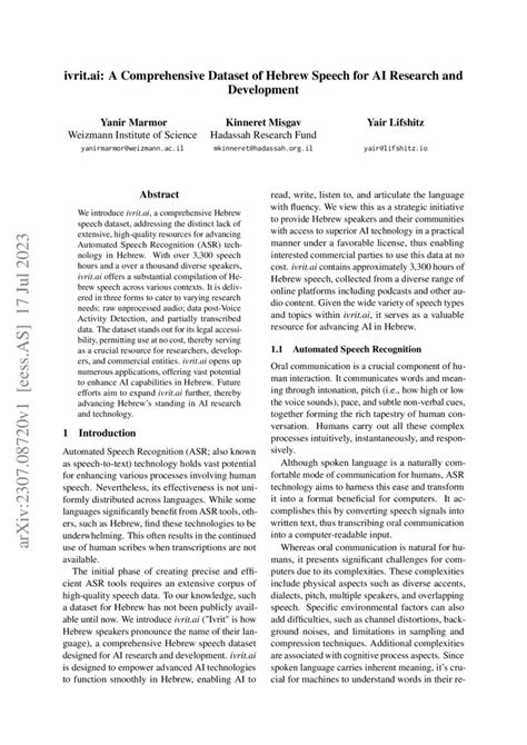 Ivrit Ai A Comprehensive Dataset Of Hebrew Speech For Ai Research And