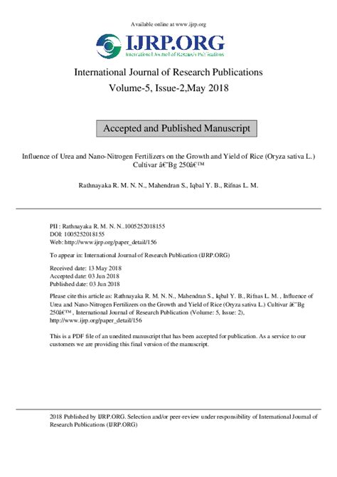 Pdf Influence Of Urea And Nano Nitrogen Fertilizers On The Growth And