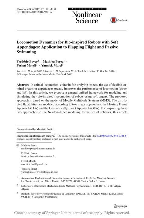 Locomotion Dynamics For Bio Inspired Robots With Soft Appendages Application To Flapping Flight