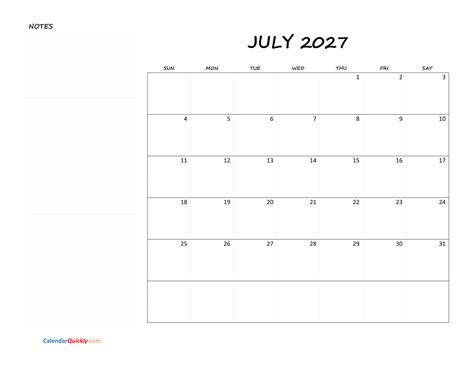 July Blank Calendar 2027 With Notes Calendar Quickly
