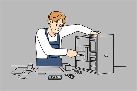 기술자가 스크루 드라이버로 컴퓨터 하드웨어를 수리합니다 Cpu에 대한 스톡 벡터 아트 및 기타 이미지 Cpu 개념 개선