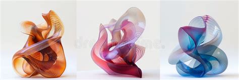 Three Different Styles Of Colorful Abstract Sculptures Made From Glass With Undulating Shapes