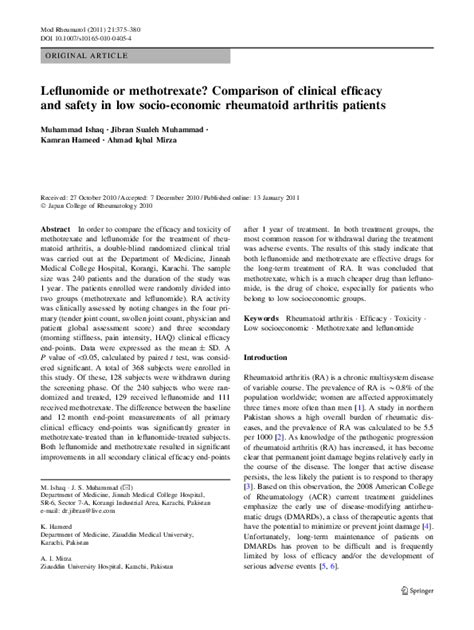 Pdf Leflunomide Or Methotrexate Comparison Of Clinical Efficacy And Safety In Low Socio