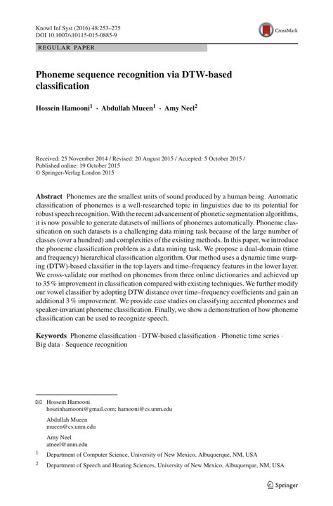 Pdf Phoneme Sequence Recognition Via Dtw Based Classification