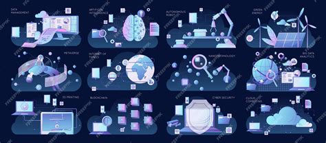 Iot 나노기술 사이버 보안 메타버스 녹색 에너지 격리 벡터 일러스트와 함께 어두운 배경에 설정된 플랫 스마트 산업 40 무료 벡터