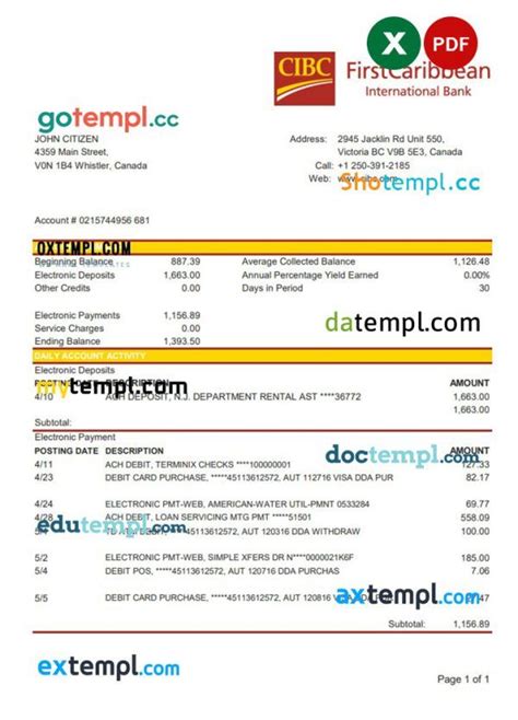 Canada CIBC Bank Statement Template In Excel And PDF Format AutoSum In Statement