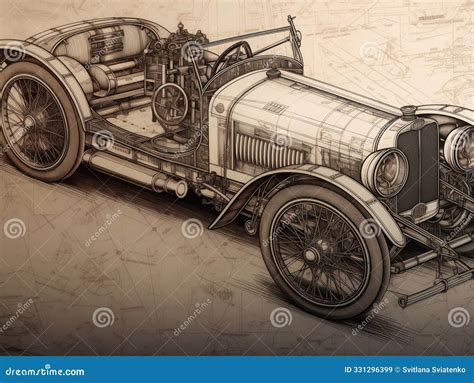 Close Up Of An Antique Steam Engine With A Complex Mechanical Design Isolated On Drawing Paper