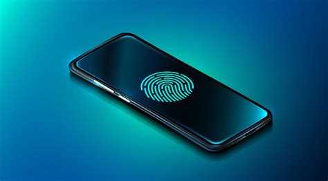 모바일 데이터 보안 개념입니다 지문 스캐너가있는 스마트 폰 인터넷 보안 지문 액세스 암호 스마트 폰 화면의 지문 데이터 보호 3d 스캔에 대한 스톡 벡터 아트 및 기타