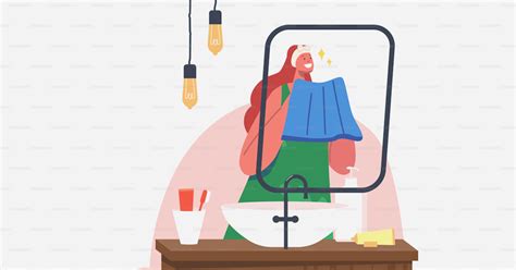 아침 루틴 젊은 여성 캐릭터는 거울 앞에 서서 욕실에 세면대를 세운다 수건과 가운을 입은 소녀가 얼굴 피부 관리나 위생