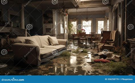 Flooded House Under Rain Water Reaching The First Floor Level Home